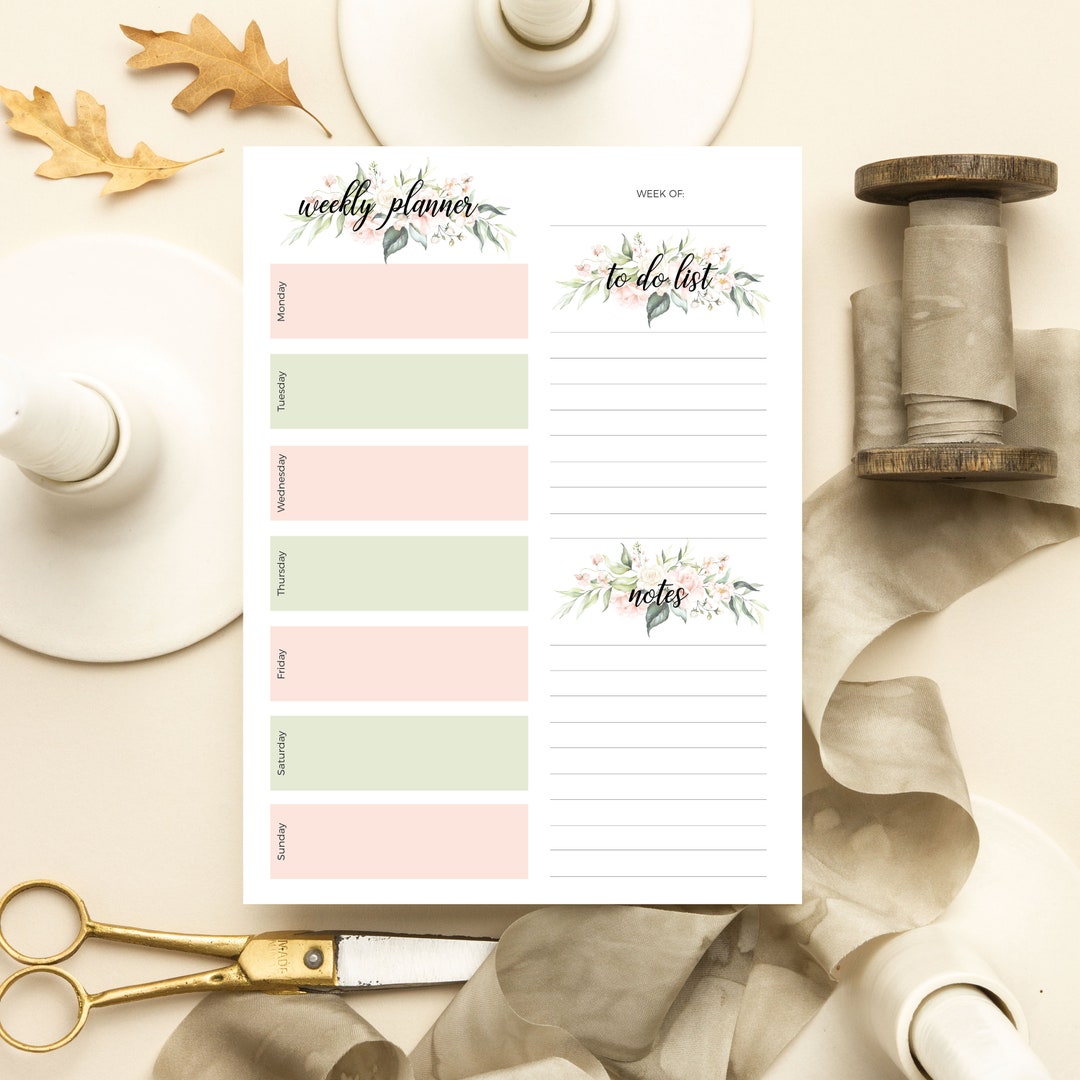 Pink & Green Floral Weekly Planner, Floral Weekly Notepad Planner ...
