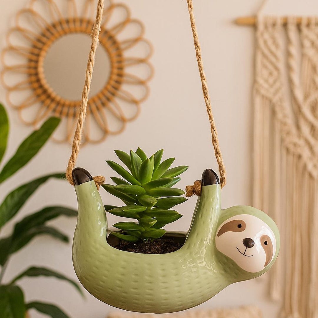 Hanging Sloth Planter: Ceramic Animal Pot With Jute Rope - Airplant or ...