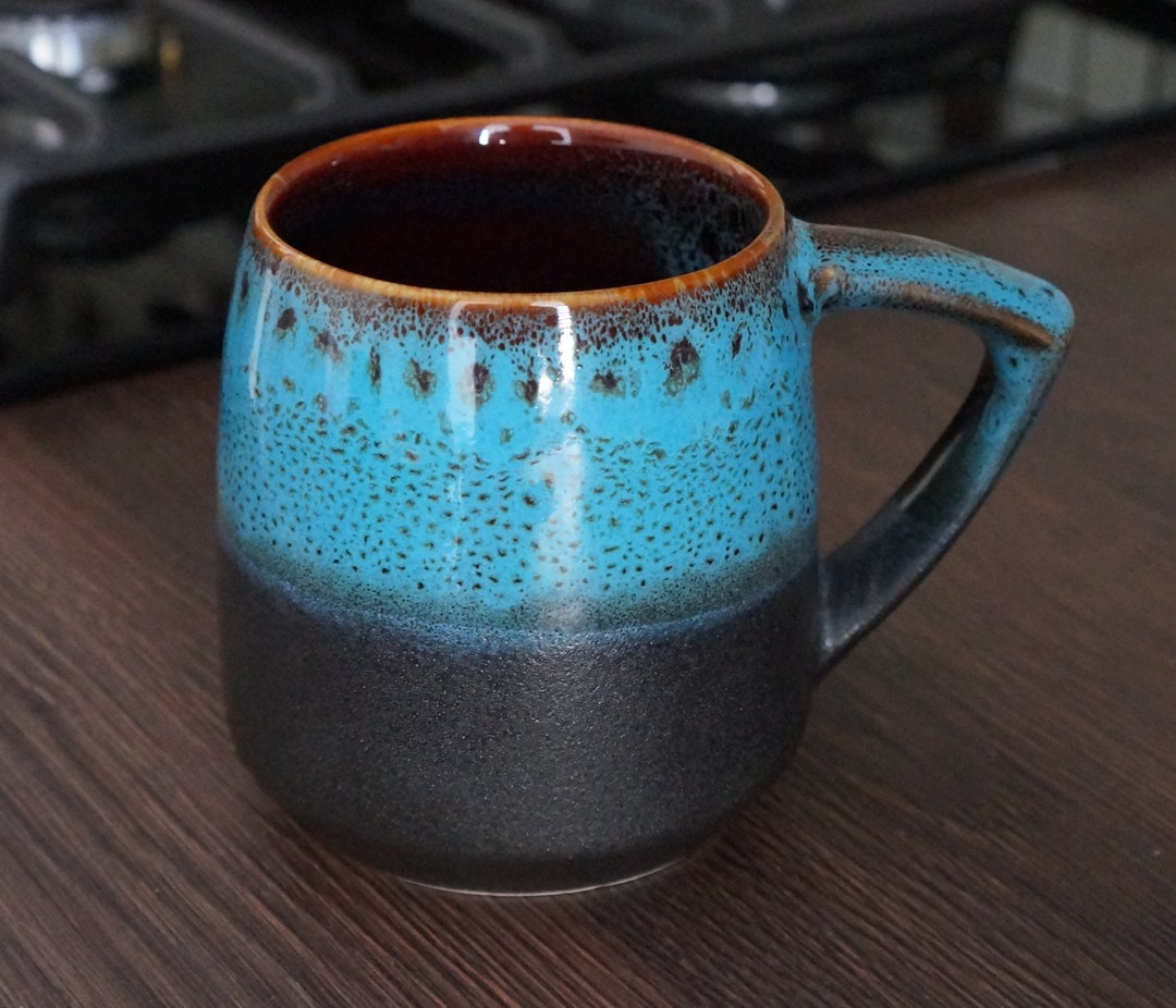 Handmade Ceramic Coffee Tea Mug Ceramic 14 Oz Black With Blue or Yellow ...