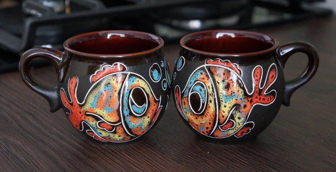 Set of 2 Black Fish Mug 6.5 Oz Handmade Ceramic Mugs Fish Last Minute ...