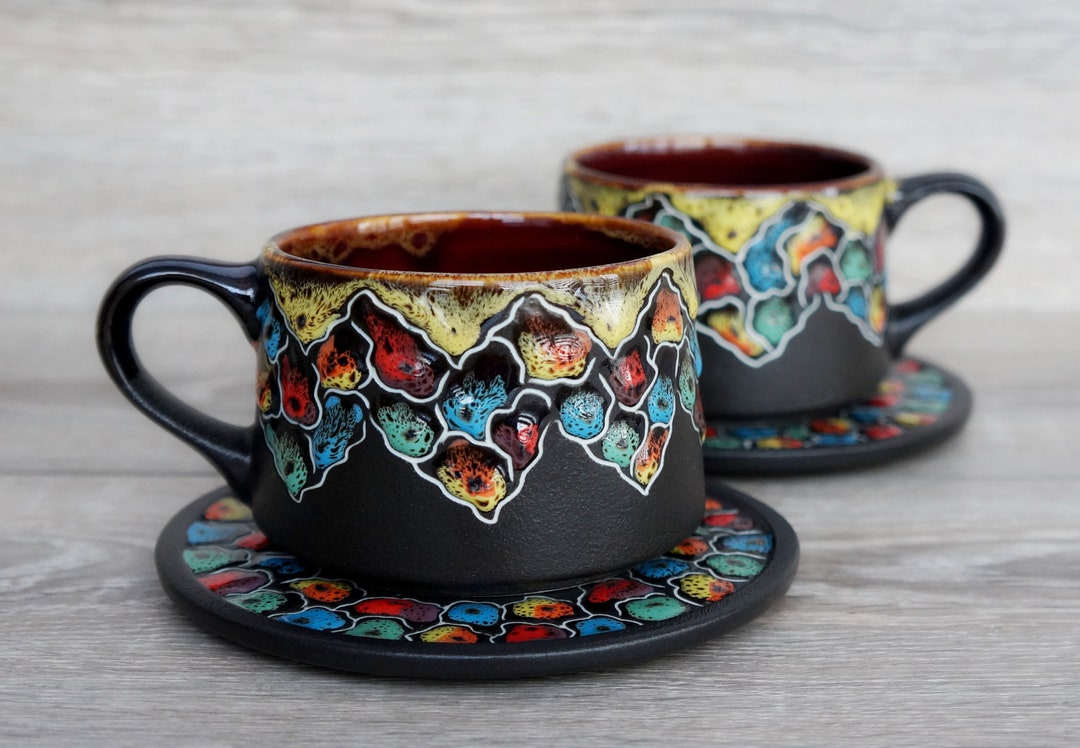 Handmade Ceramic Coffee Mugs With Ceramic Coasters Set of 2 Ceramic Mug ...