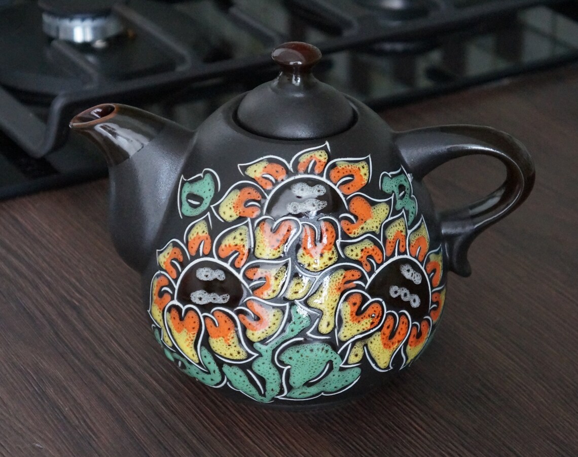 Handmade sunflower teapot ceramic Carved and painted tea pot | Etsy