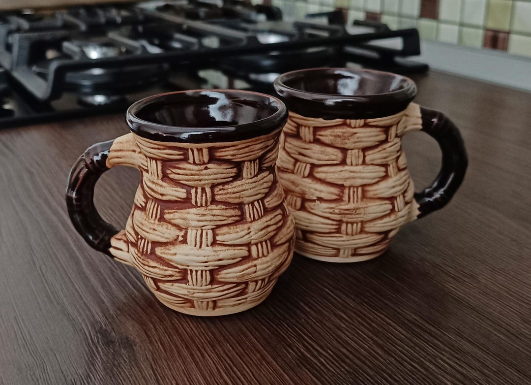 Rustic Ceramic Mug Set of 2 Handmade Basket Weave Cups 5.7 Oz Small ...
