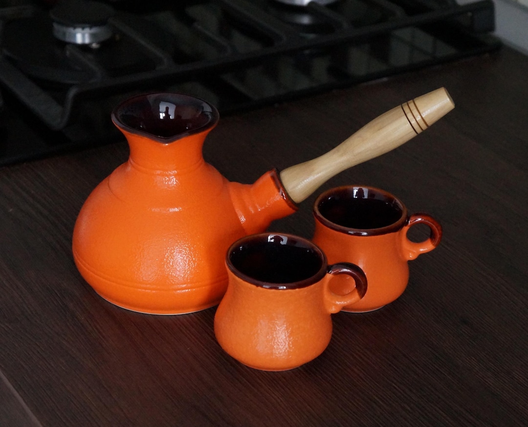 Handmade Ceramic Coffee Set Blue Orange Turkish Coffee Set Pottery ...