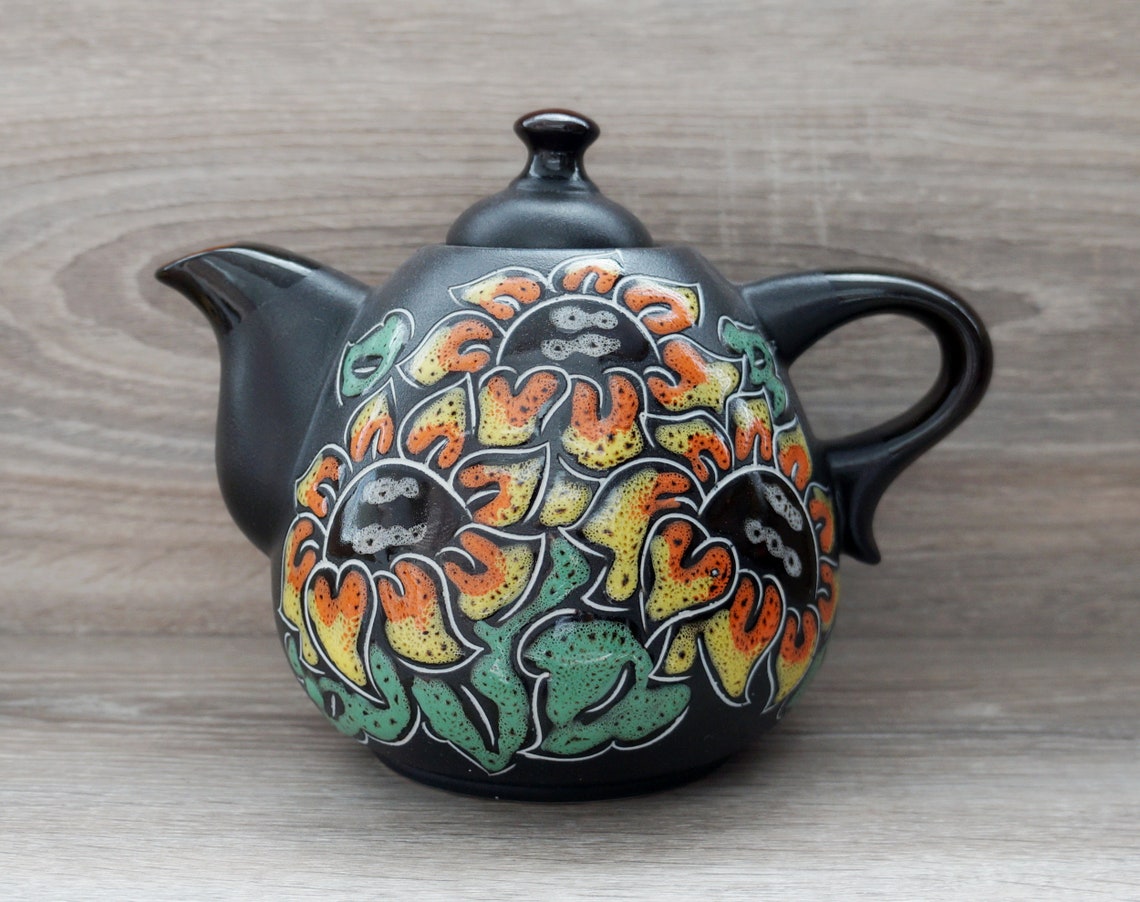 Handmade sunflower teapot ceramic Carved and painted tea pot | Etsy