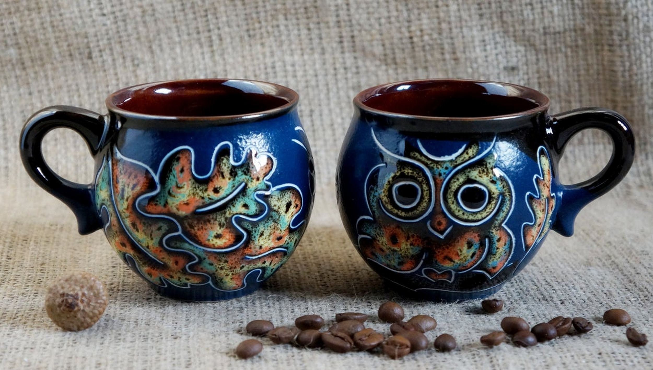 Engraved and painted blue coffee mug Set of 2 handmade owl mug | Etsy