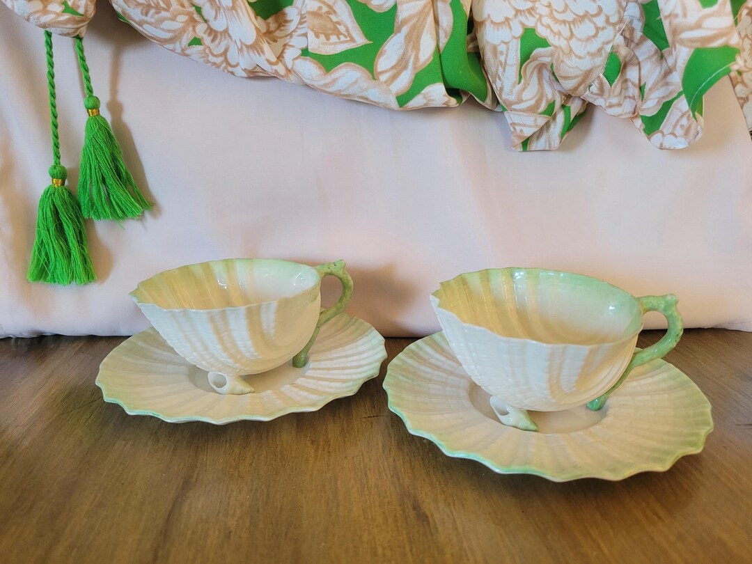 Vintage Belleek Neptune Tea Cups & Saucers, Set of 2, 2nd Black Mark ...