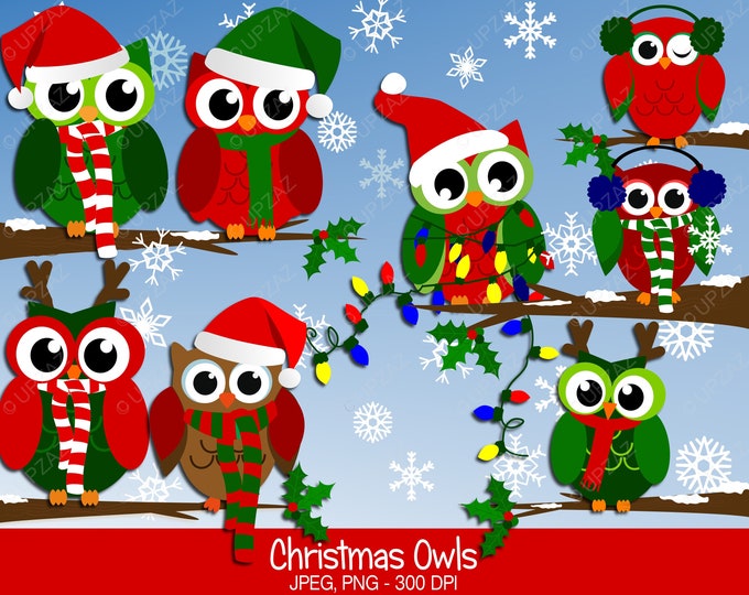 Christmas Owl Clipart, Commercial Use, Holiday Owl Clipart, Digital ...