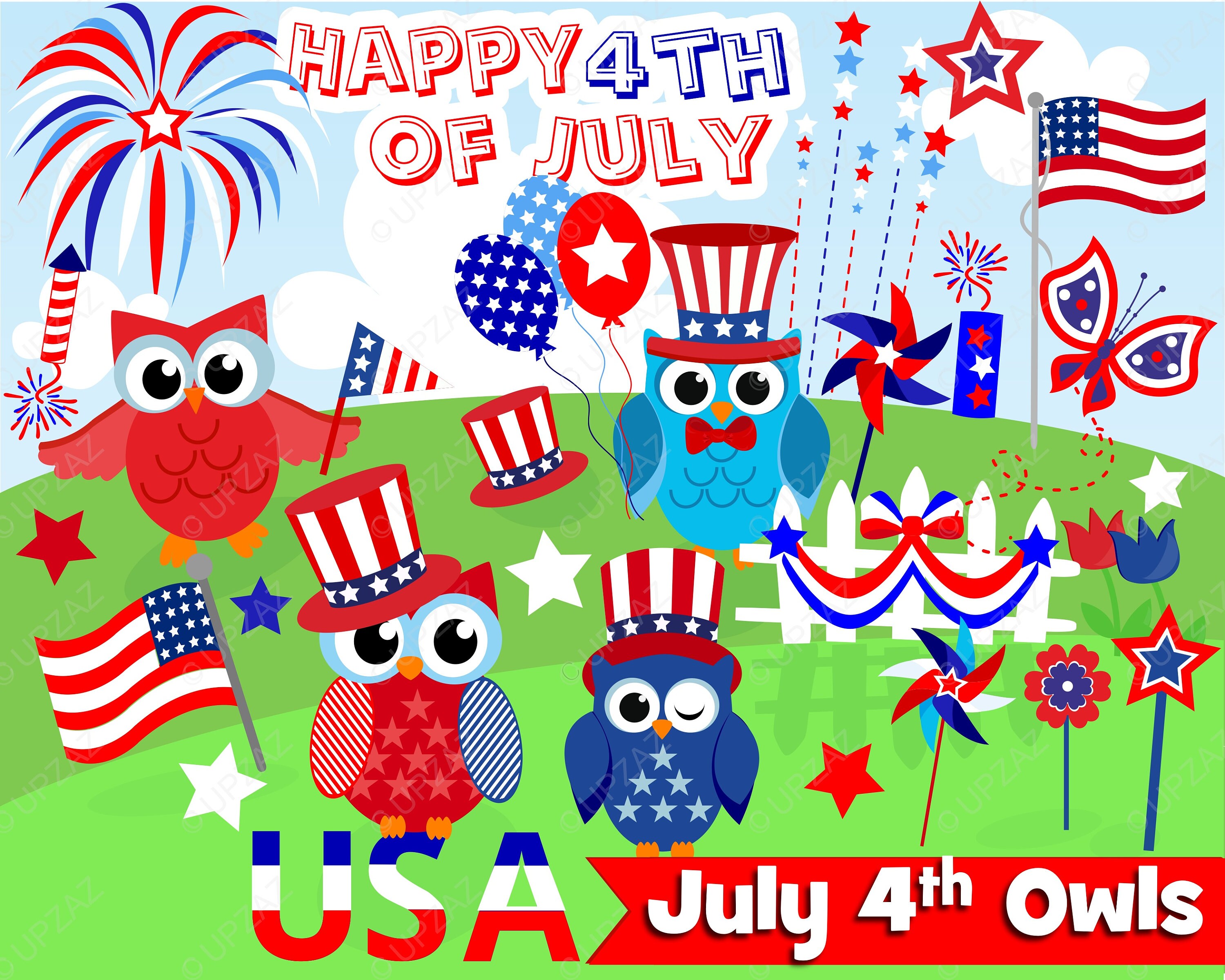 4th of July Owls Independence Day Digital Images UZ938 | Etsy