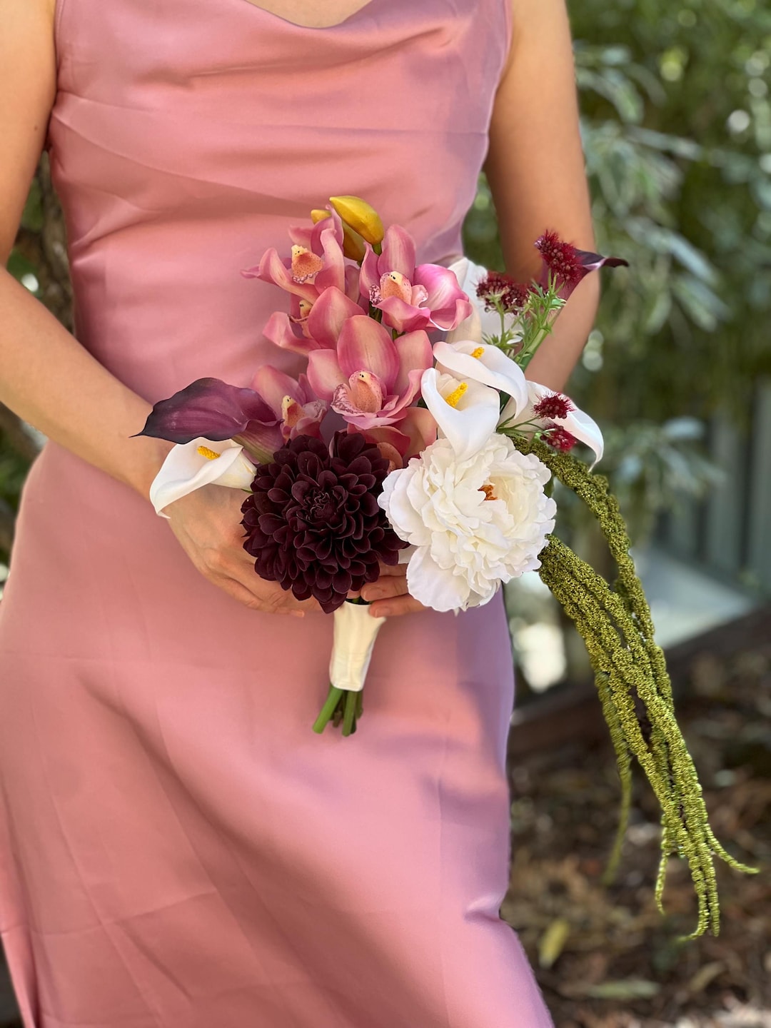 White Burgundy Green Bridal Bouquet: Calla Lilly, Hydrangea, Cymbidium ...