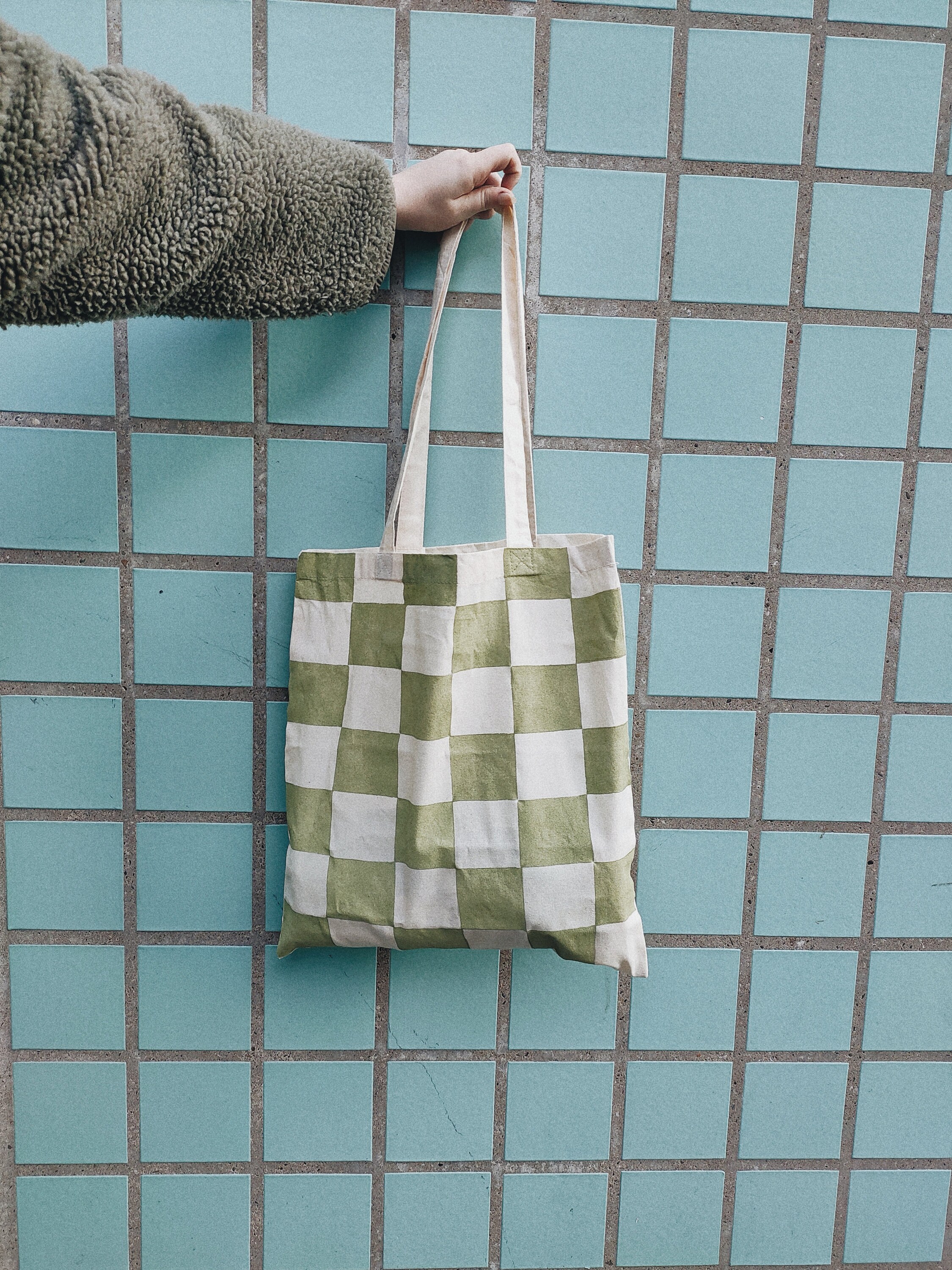 Green Checkered Tote Bag, Hand Painted Cotton Tote Bag, Eco Friendly ...