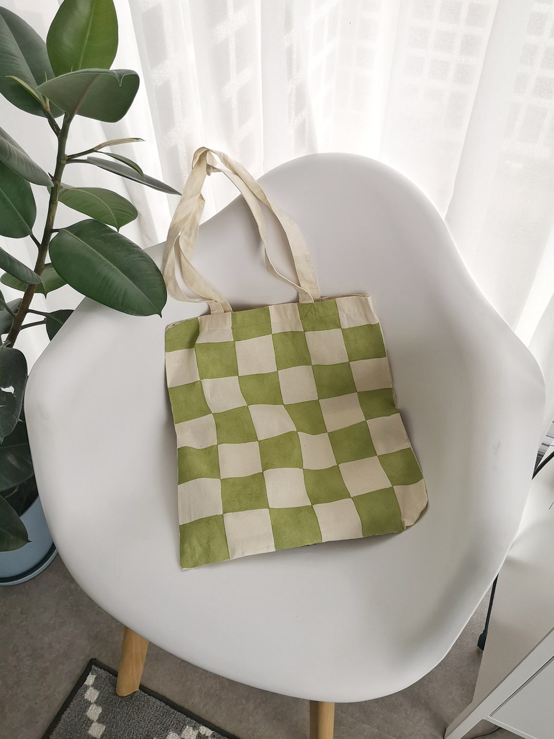Green Checkered Tote Bag, Hand Painted Cotton Tote Bag, Eco Friendly ...