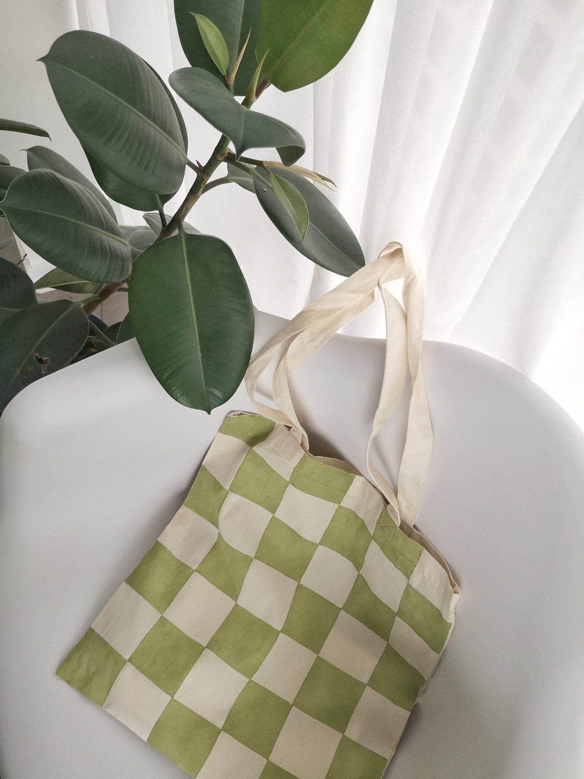Green Checkered Tote Bag, Hand Painted Cotton Tote Bag, Eco Friendly ...