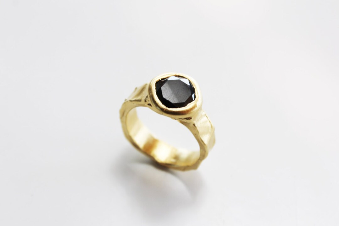 Bold Black Gemstone Solitaire Ring | Raw Textured Gold Band - Etsy