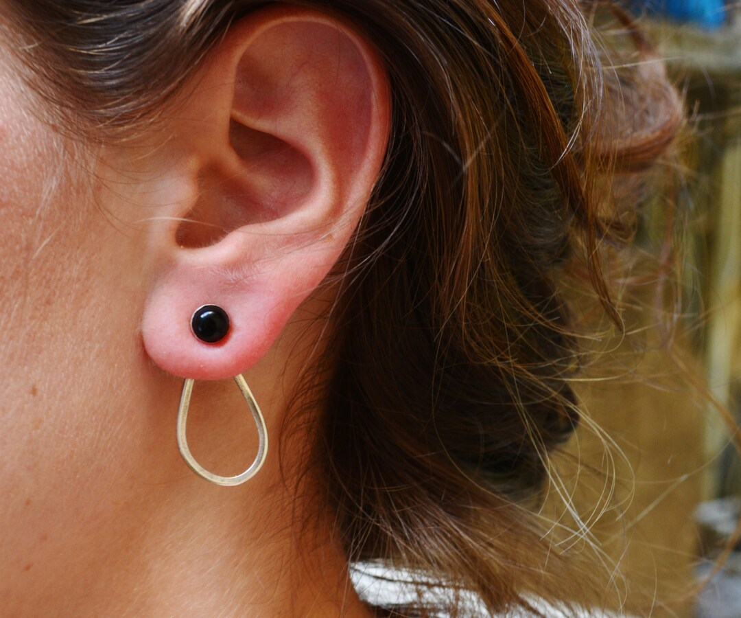 Radiant Onyx Teardrop Stud Earrings With Double-sided Silver Ear ...