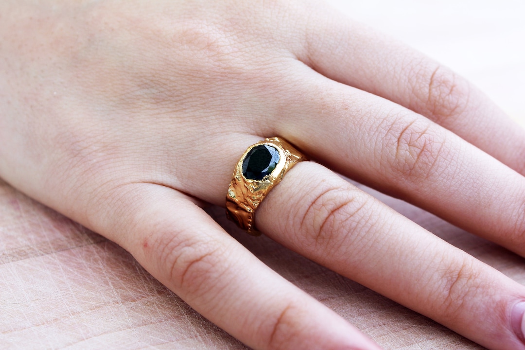 Bold Oval Onyx Statement Ring Raw Textured Gold Shank - Etsy