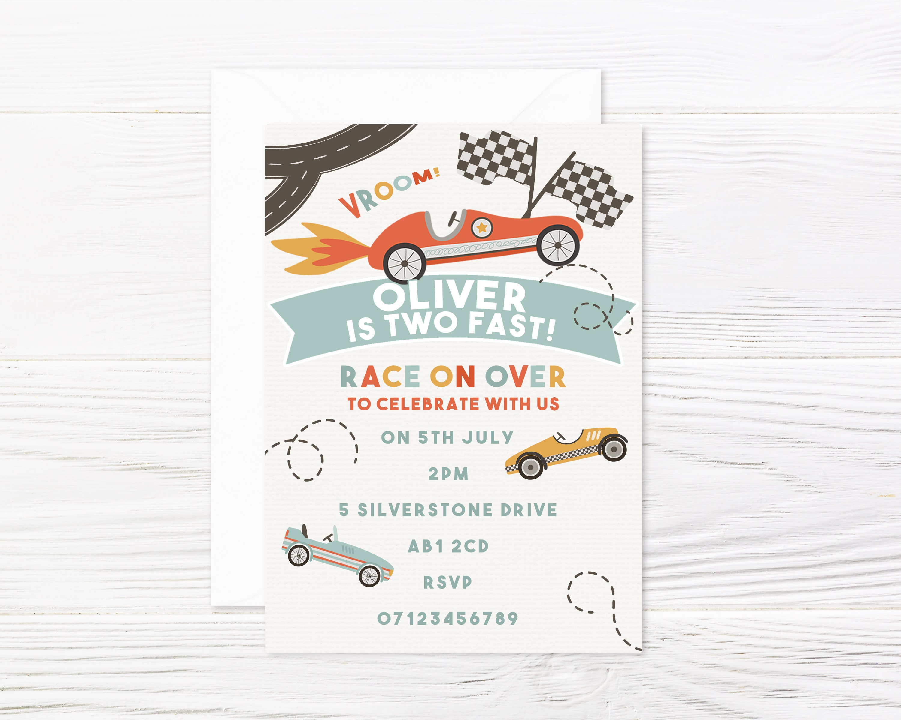 Personalised Retro racing Cars Party Invitations and Envelopes x 8 - US ...