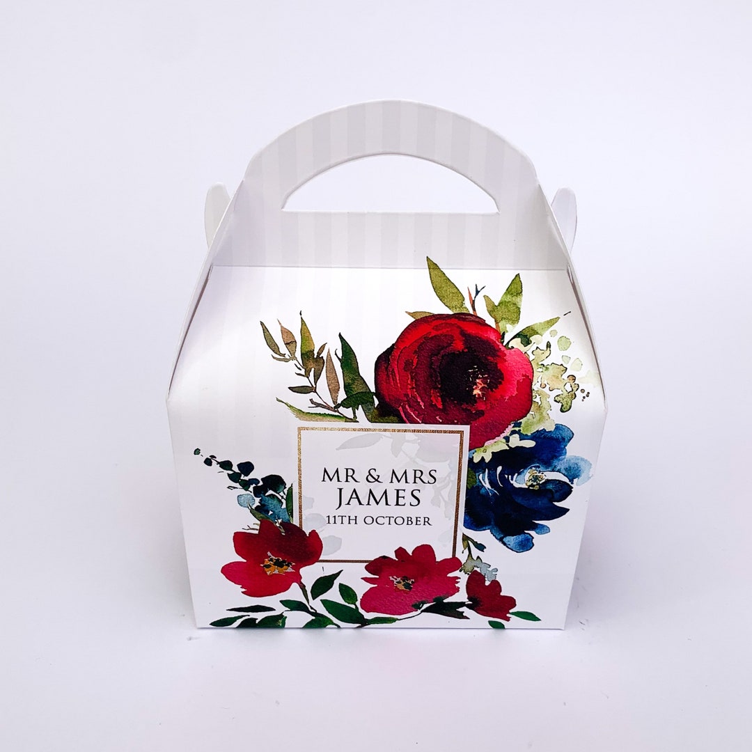 Personalised Red and Navy Floral Wedding Favour Boxes Hen Party Bridal ...