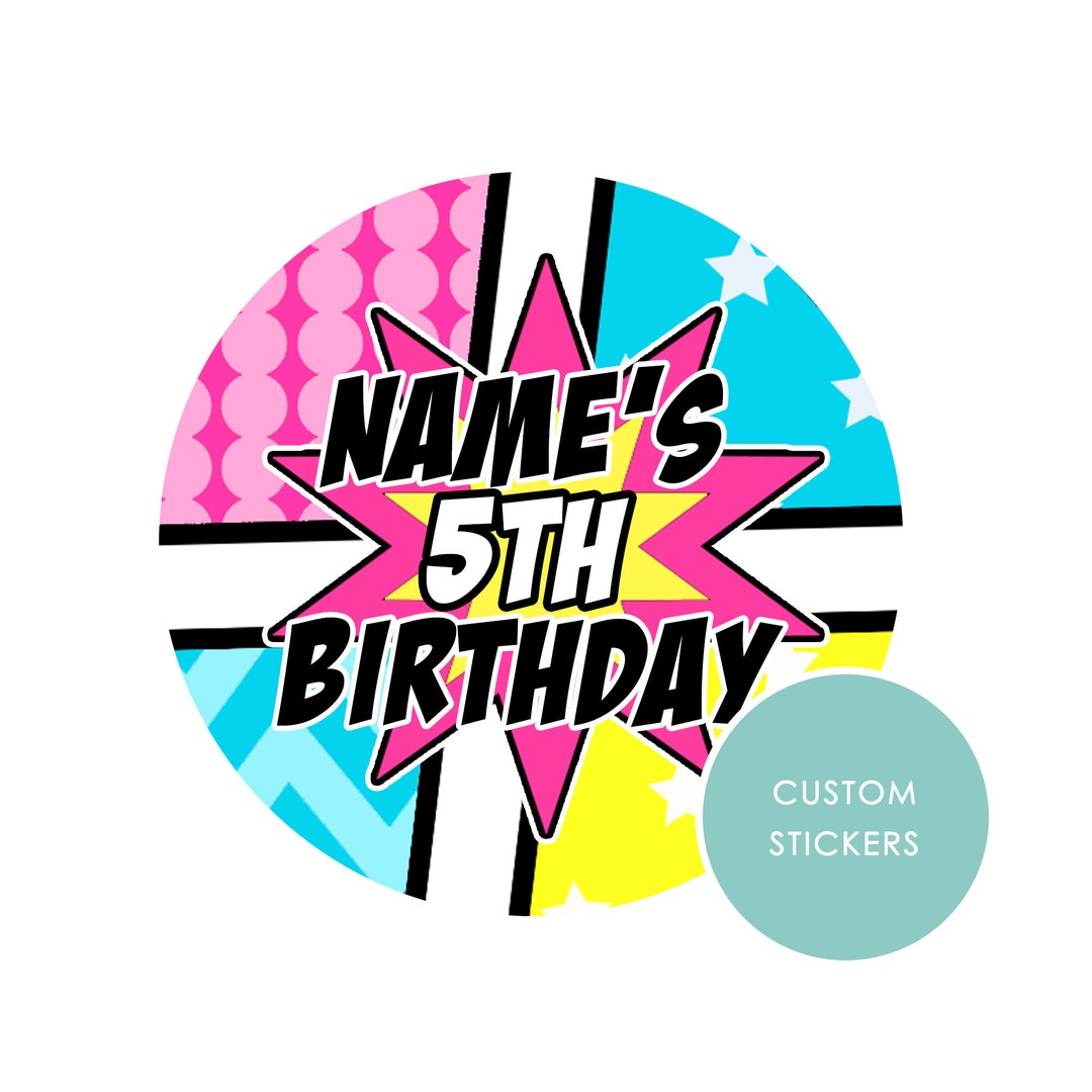 Personalised Pink Superhero Birthday Party Stickers – Girls Comic Book ...