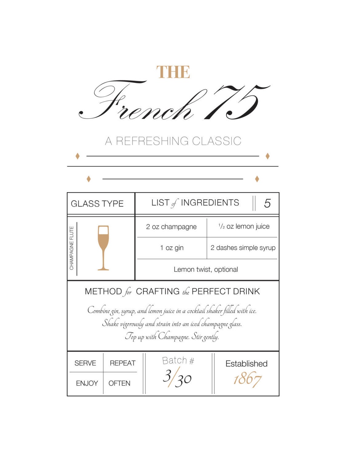 The French 75-drink Recipe Print, Recipe Printable, Typography Print ...