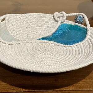 Resin Rope Coiled Basket Bowl Pottery Artisan Blue Turquoise White ...