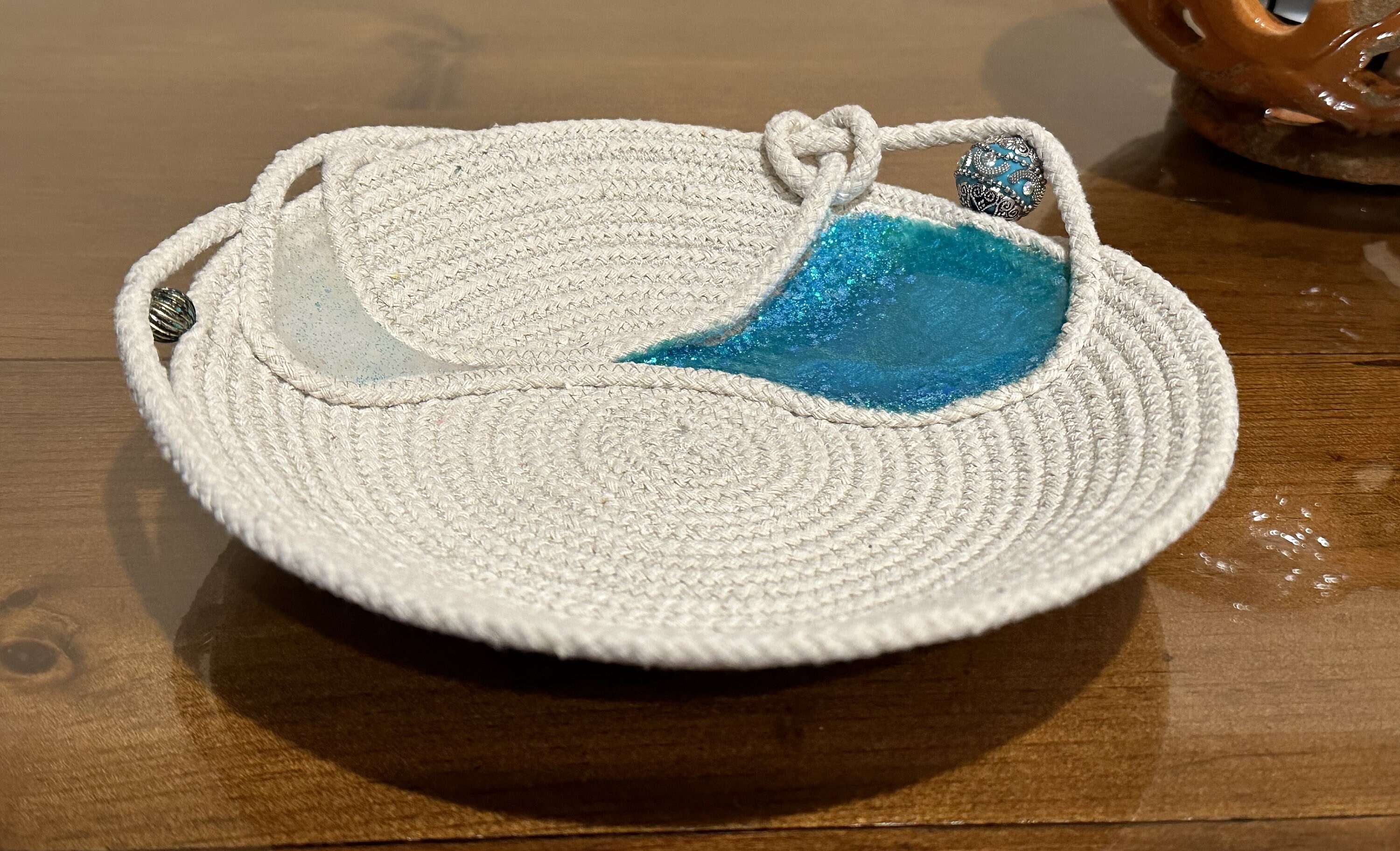 Resin Rope Coiled Basket Bowl Pottery Artisan Blue Turquoise White ...