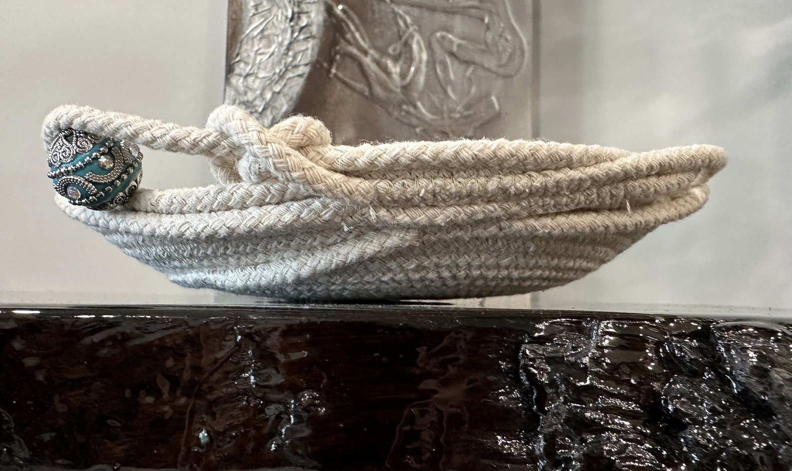 Resin Rope Coiled Basket Bowl Pottery Artisan Blue Turquoise White ...