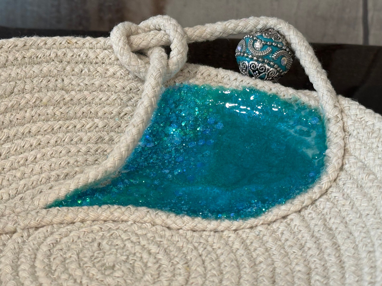 Resin Rope Coiled Basket Bowl Pottery Artisan Blue Turquoise White ...
