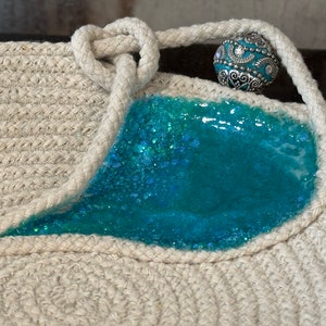 Resin Rope Coiled Basket Bowl Pottery Artisan Blue Turquoise White ...