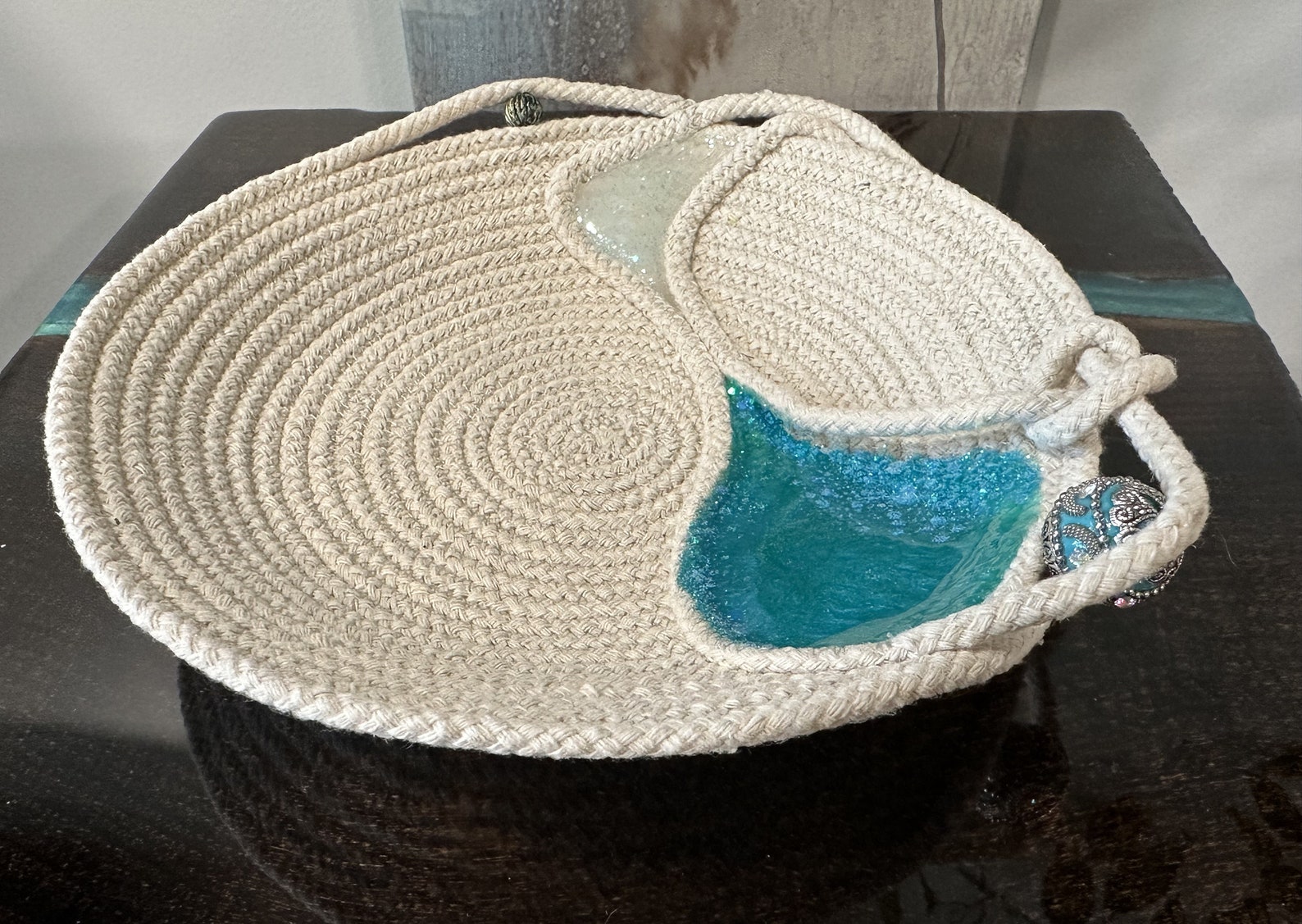 Resin Rope Coiled Basket Bowl Pottery Artisan Blue Turquoise White ...