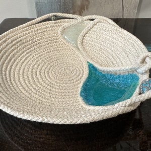 Resin Rope Coiled Basket Bowl Pottery Artisan Blue Turquoise White ...