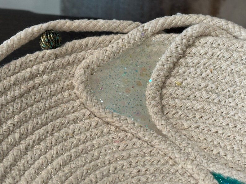 Resin Rope Coiled Basket Bowl Pottery Artisan Blue Turquoise White ...