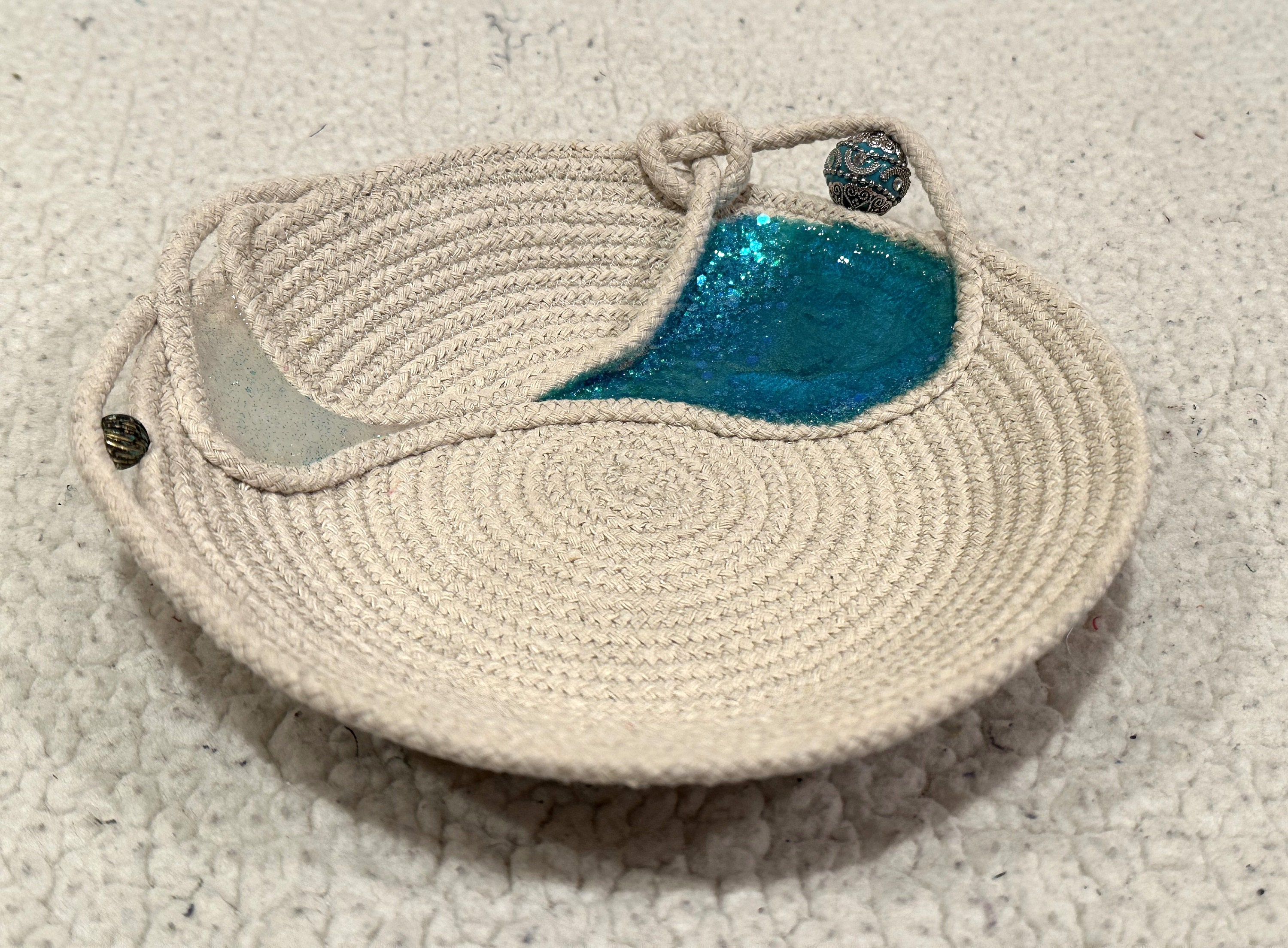 Resin Rope Coiled Basket Bowl Pottery Artisan Blue Turquoise White ...