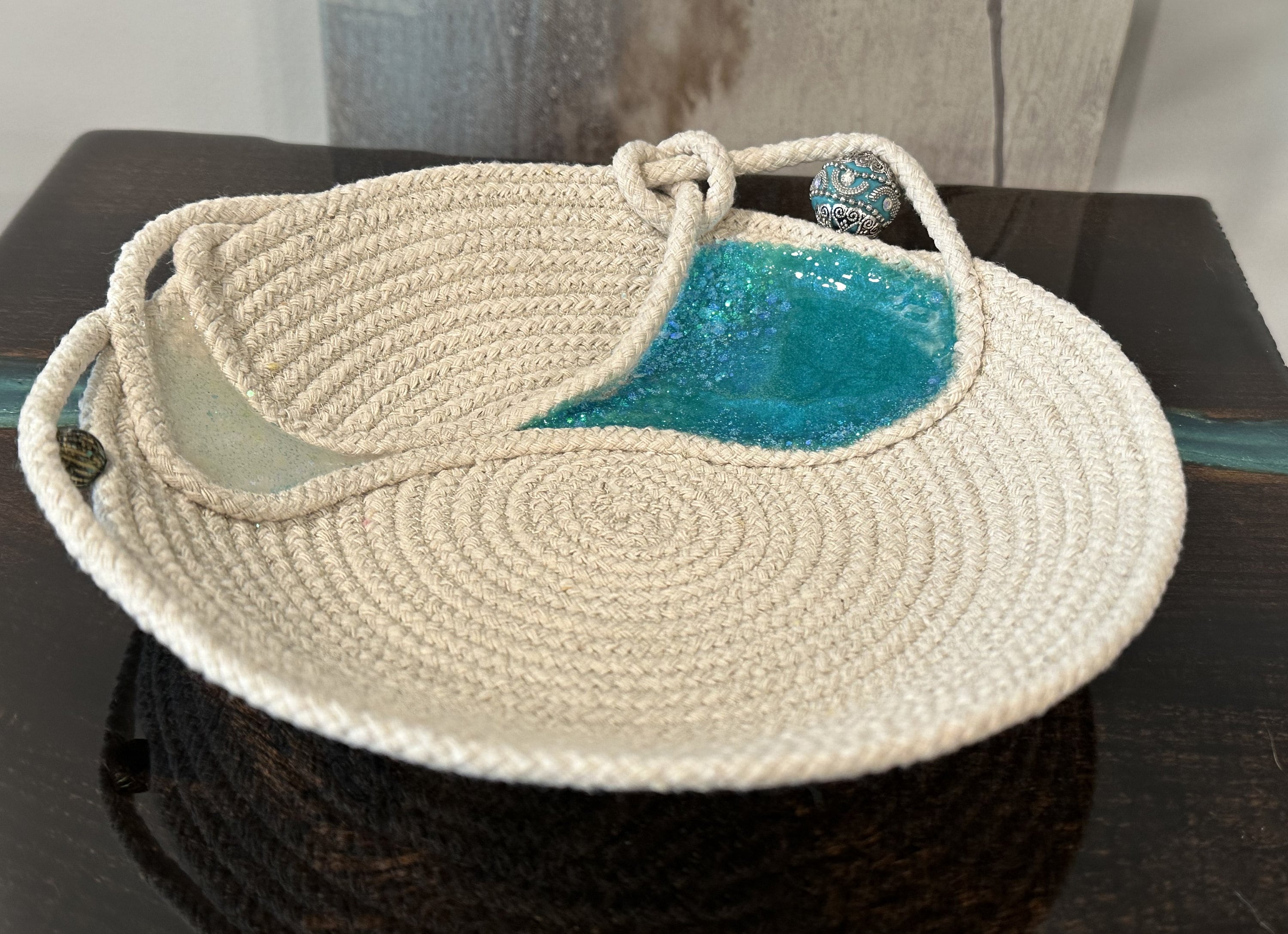 Resin Rope Coiled Basket Bowl Pottery Artisan Blue Turquoise White ...