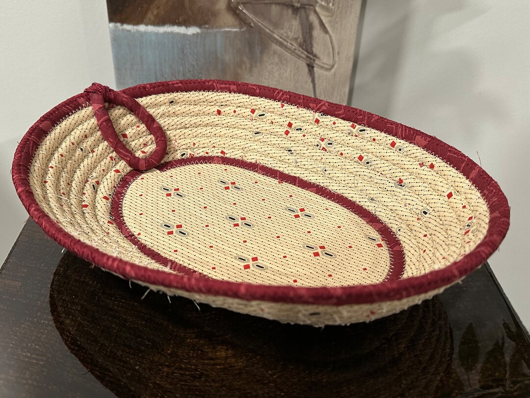 Rope Coiled Basket Pottery Artisan Handmade Burgundy Cream Oval - Etsy