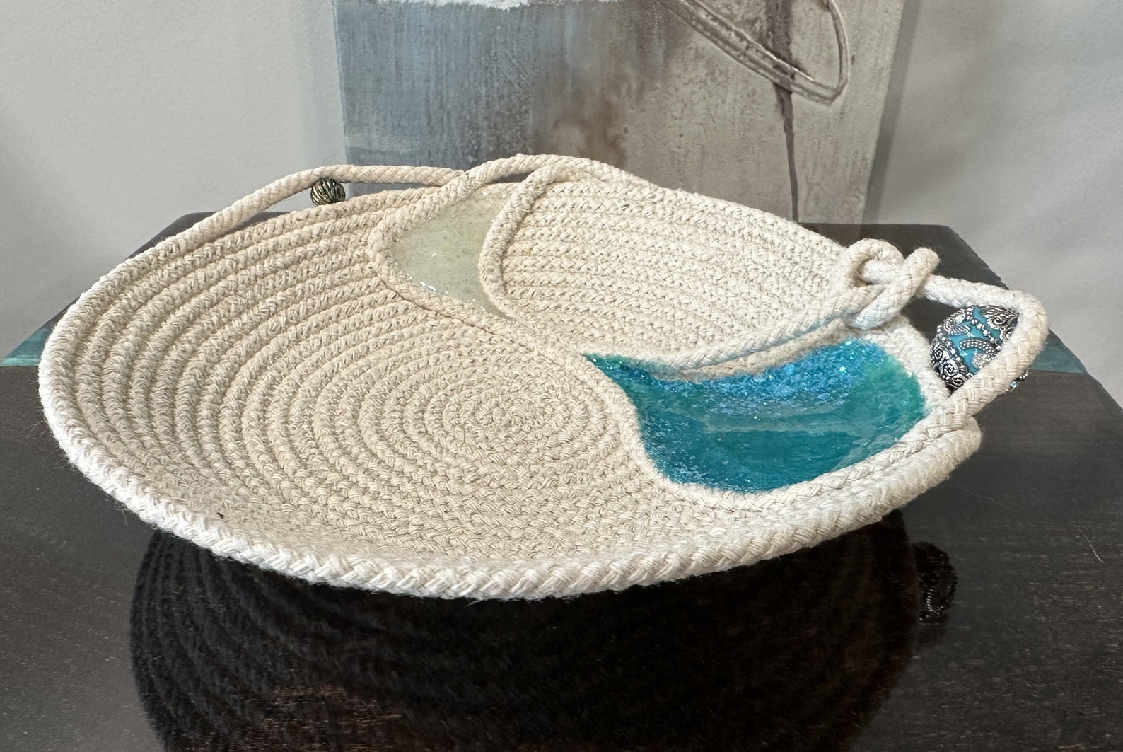 Resin Rope Coiled Basket Bowl Pottery Artisan Blue Turquoise White ...