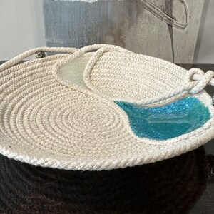 Resin Rope Coiled Basket Bowl Pottery Artisan Blue Turquoise White ...