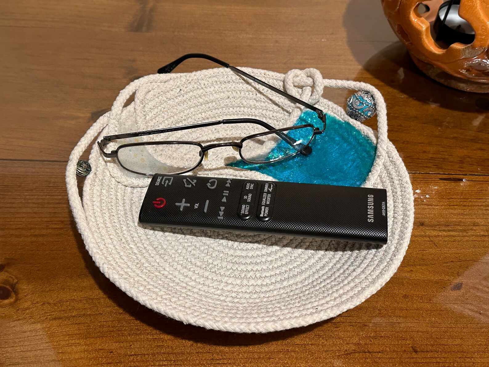 Resin Rope Coiled Basket Bowl Pottery Artisan Blue Turquoise White ...