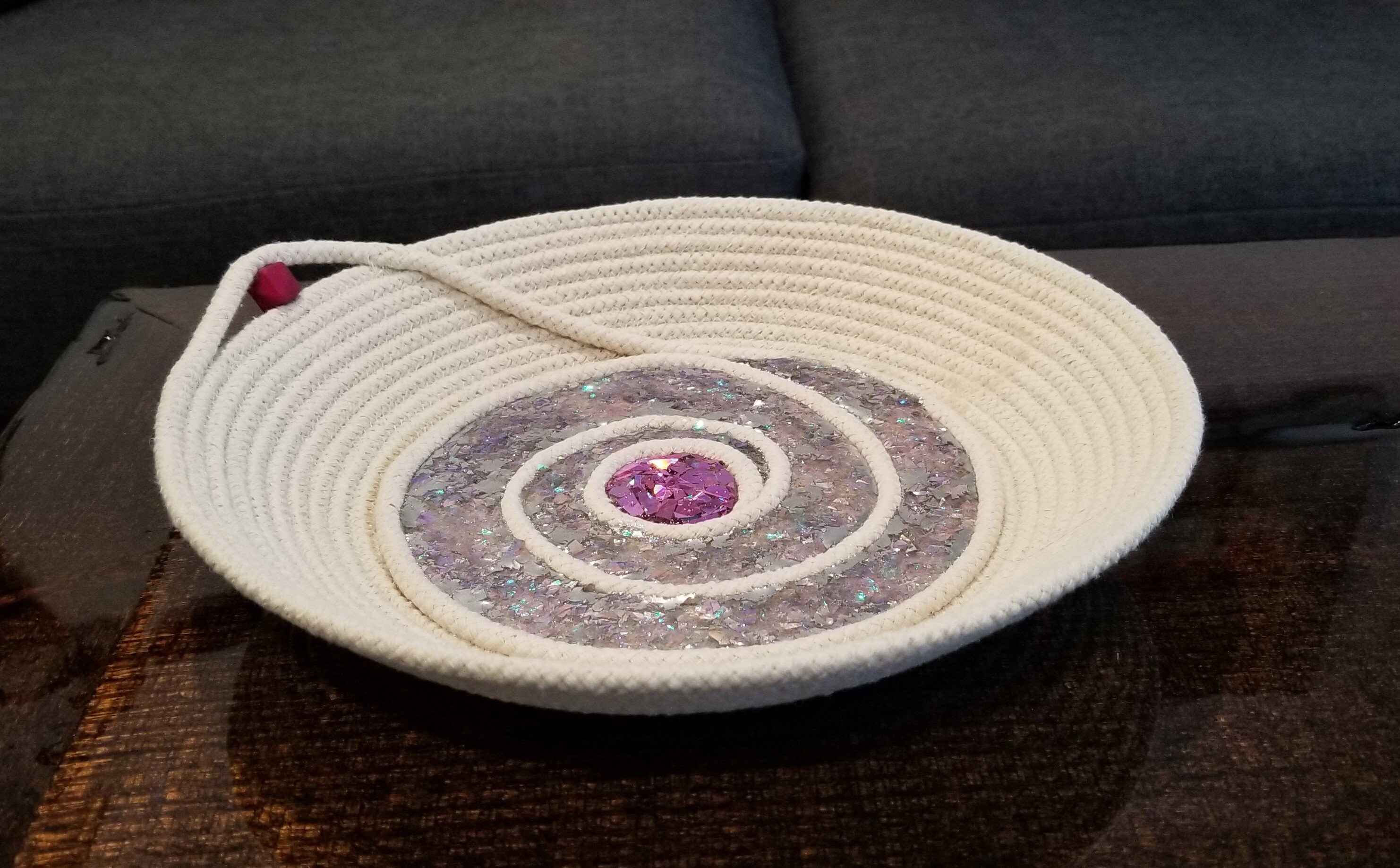 Resin Rope Coiled Basket Bowl Pottery Artisan Pink Silver White Round ...