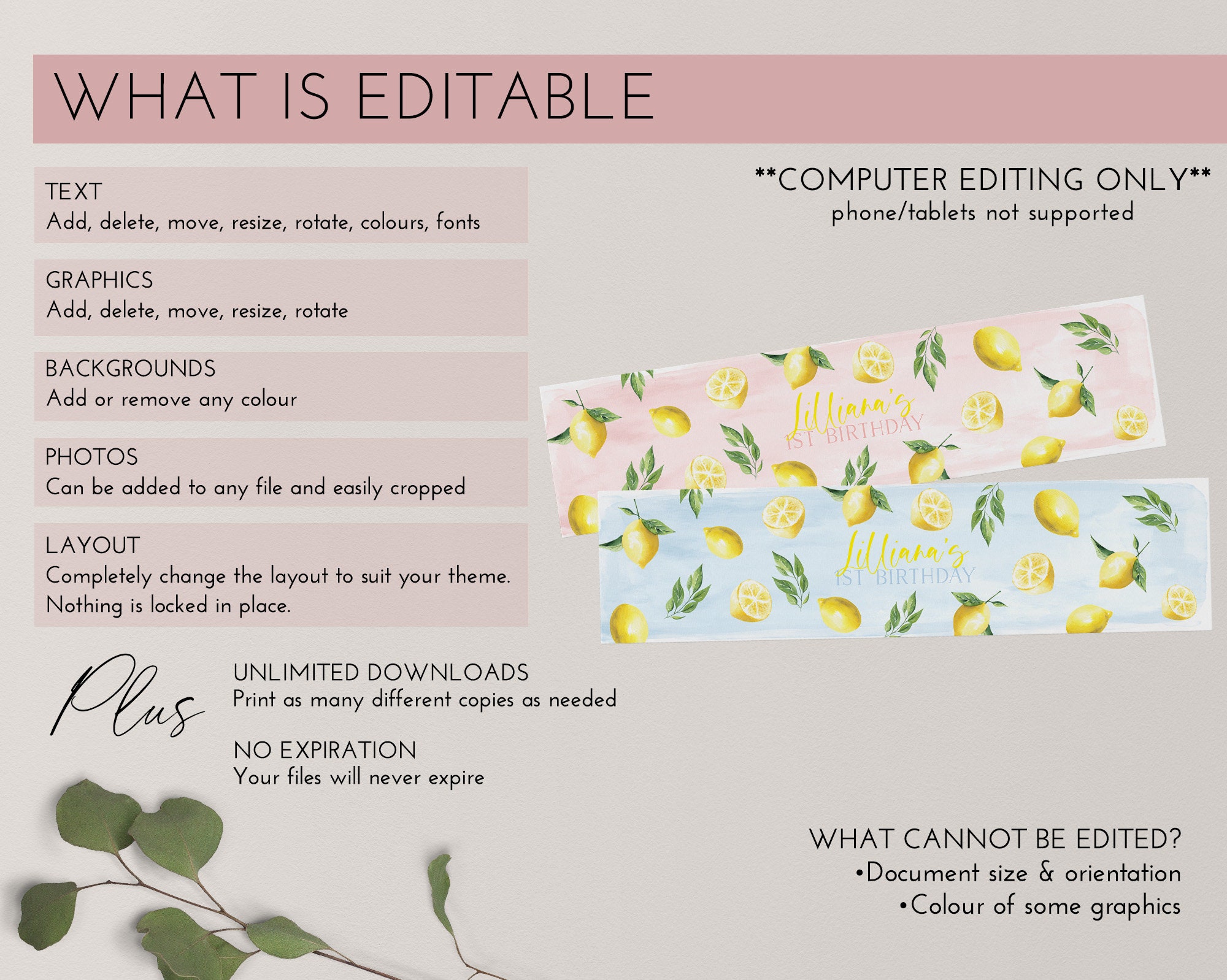 Lemon Water Bottle Labels Pink Lemonade Water Labels - Etsy