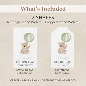 Bear Favour Tags, Birthday Thank You Tags, Beary 1st Birthday Favor Tag ...