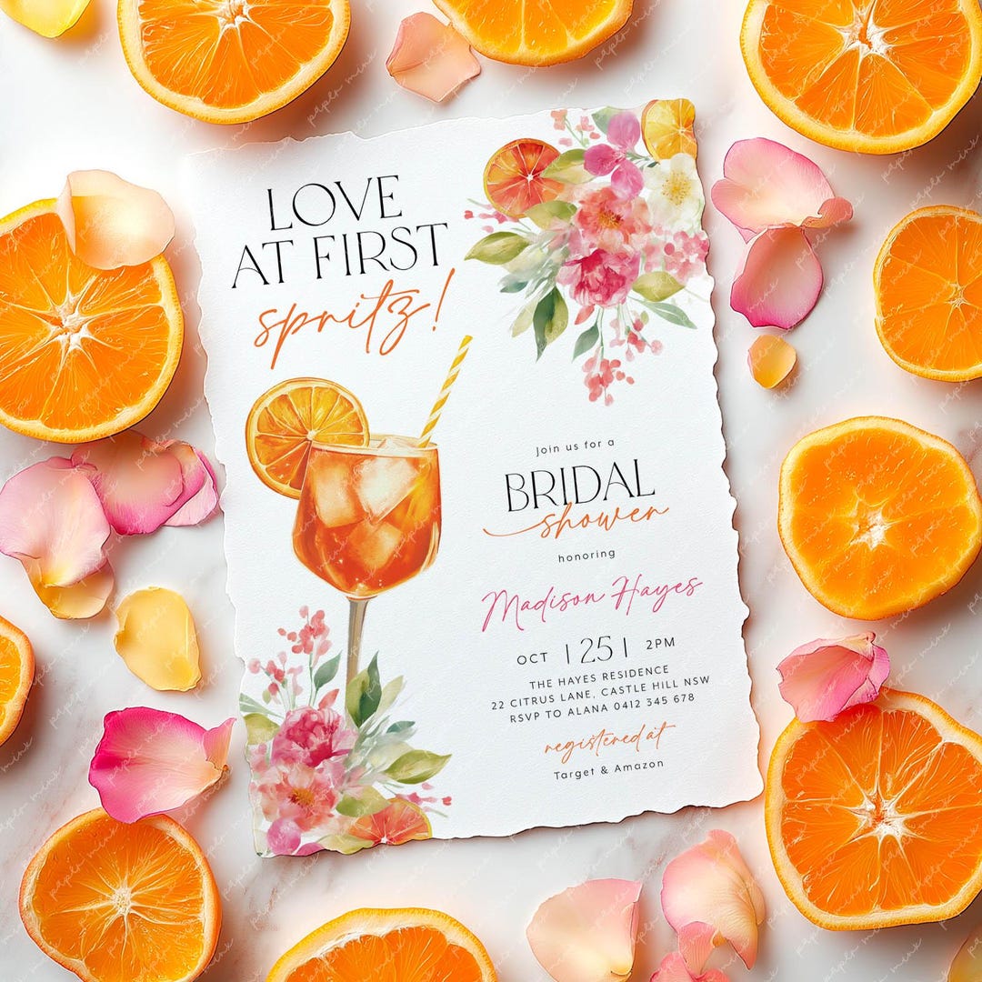 Love at First Spritz Bridal Shower Invitation, Aperol Spritz Bridal Shower Invite, Citrus Bridal ...