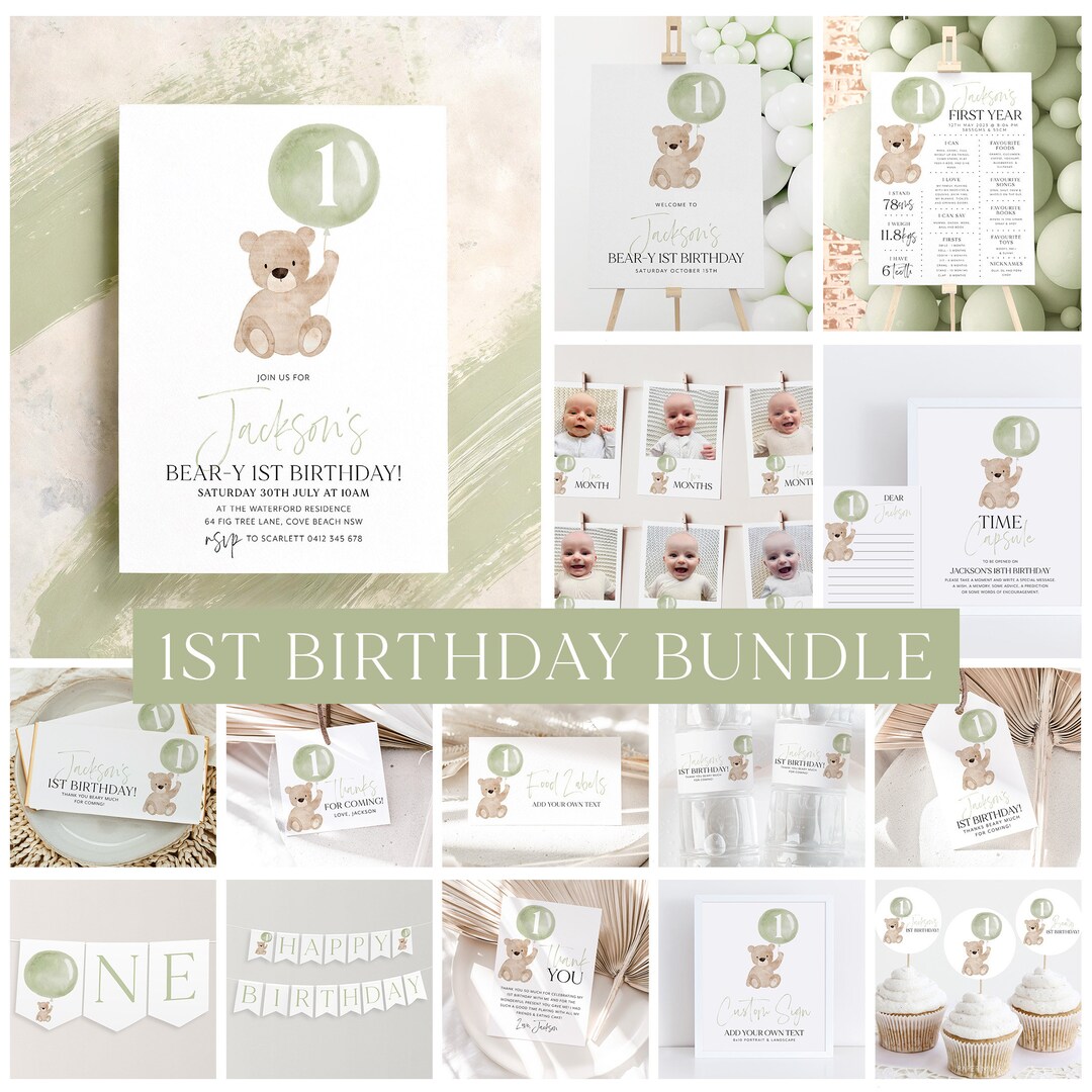 Beary First Birthday Invitation Bundle Sage Green, 1st Birthday Boy ...