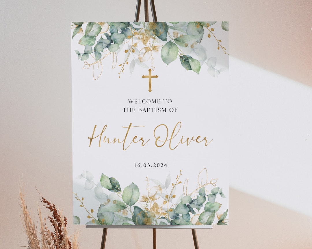 Printable Baptism Welcome Sign, Christening Welcome Sign, Greenery ...