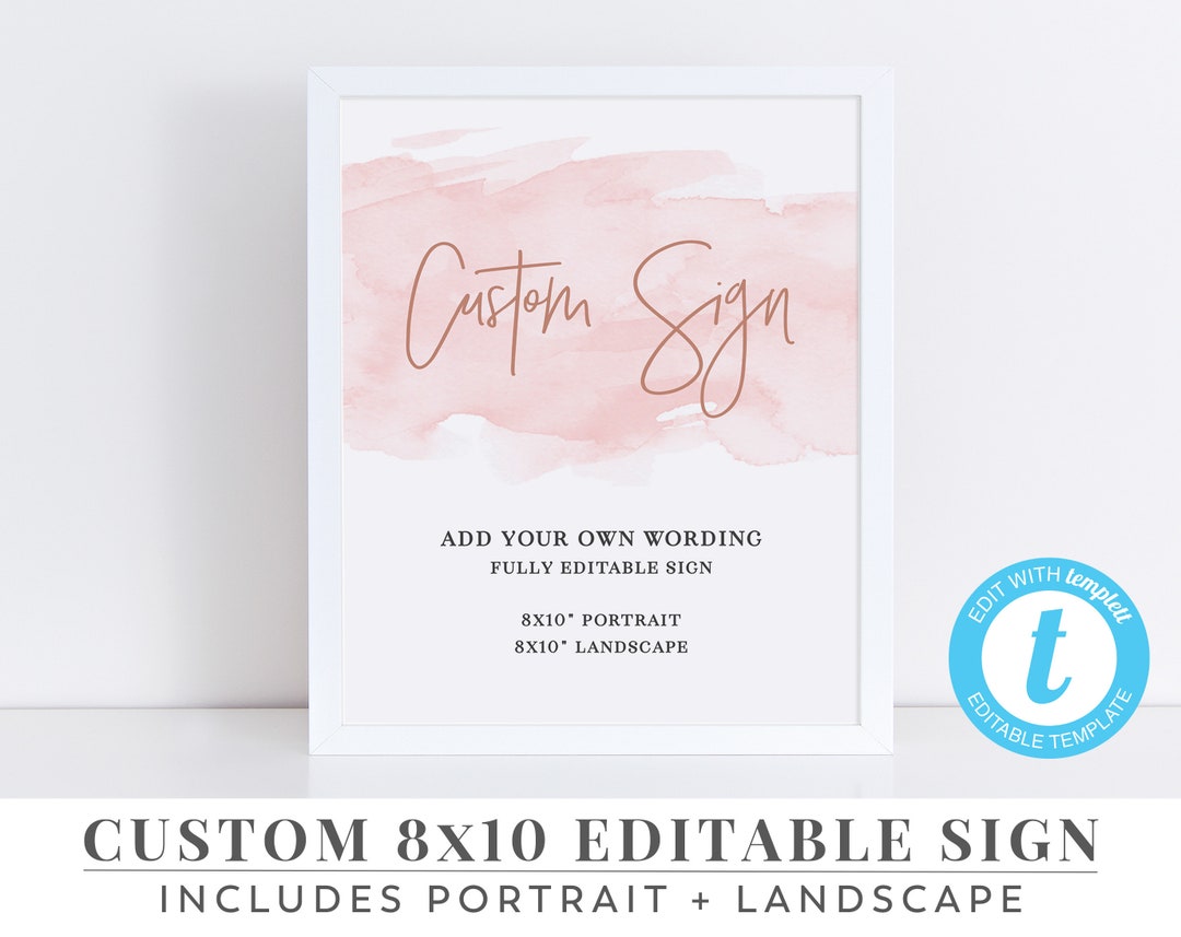 Editable Sign, 8x10, Pink Watercolour, Rose Gold, Landscape, Portrait ...