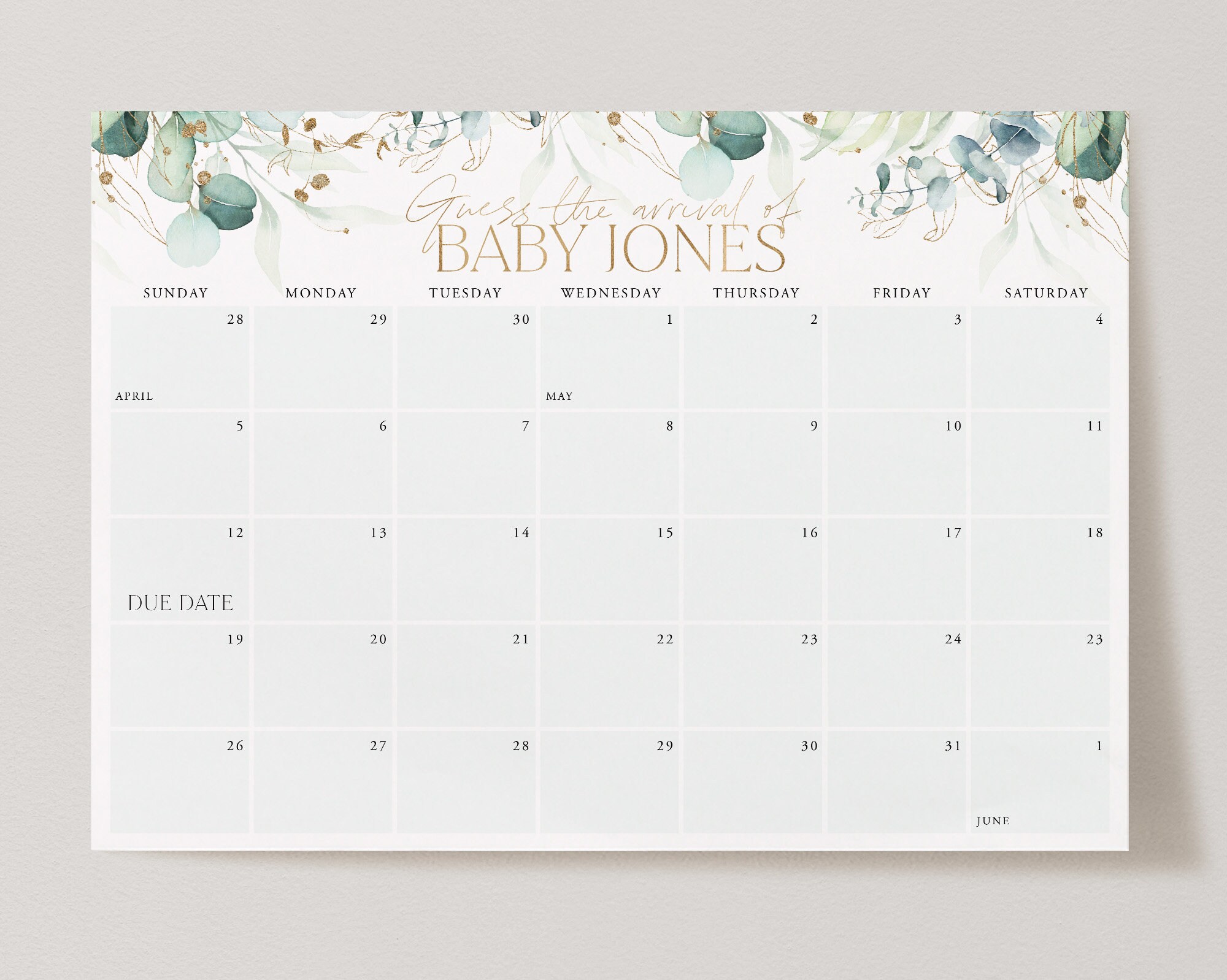 Baby Shower Due Date Calendar Greenery Baby Birth Date Sign | Etsy