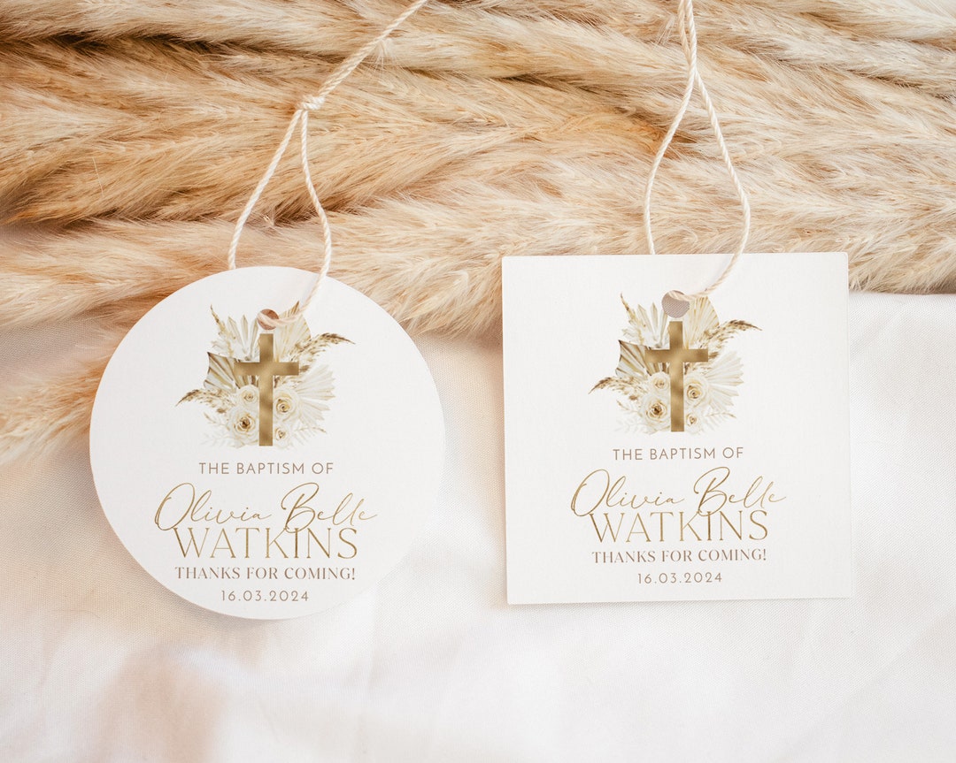 Baptism Favour Tags, Editable Tags, Christening Favor Tags, Boho Gold ...