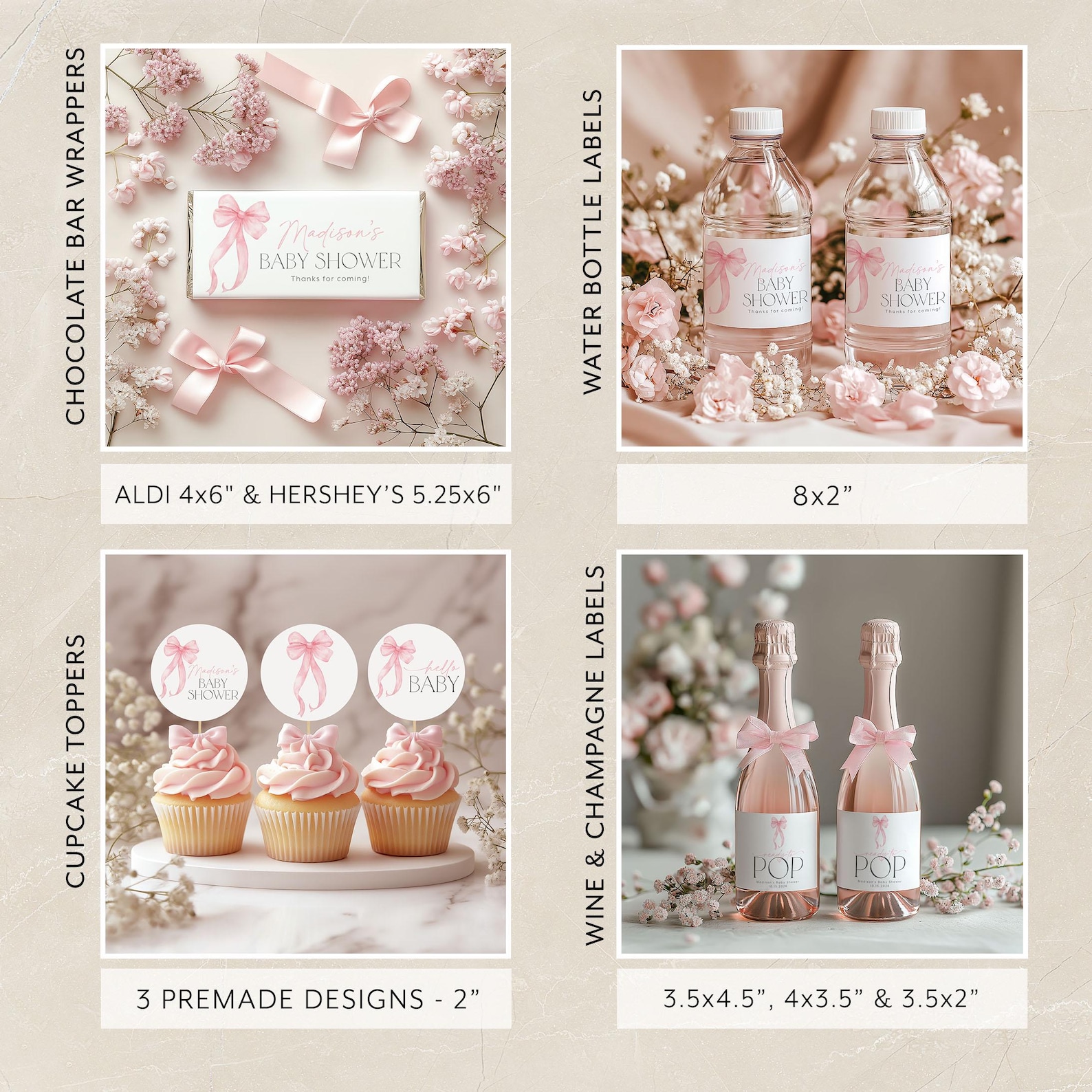 Pink Bow Baby Shower Invitation Bundle Printable, Pink Bow Invitation ...