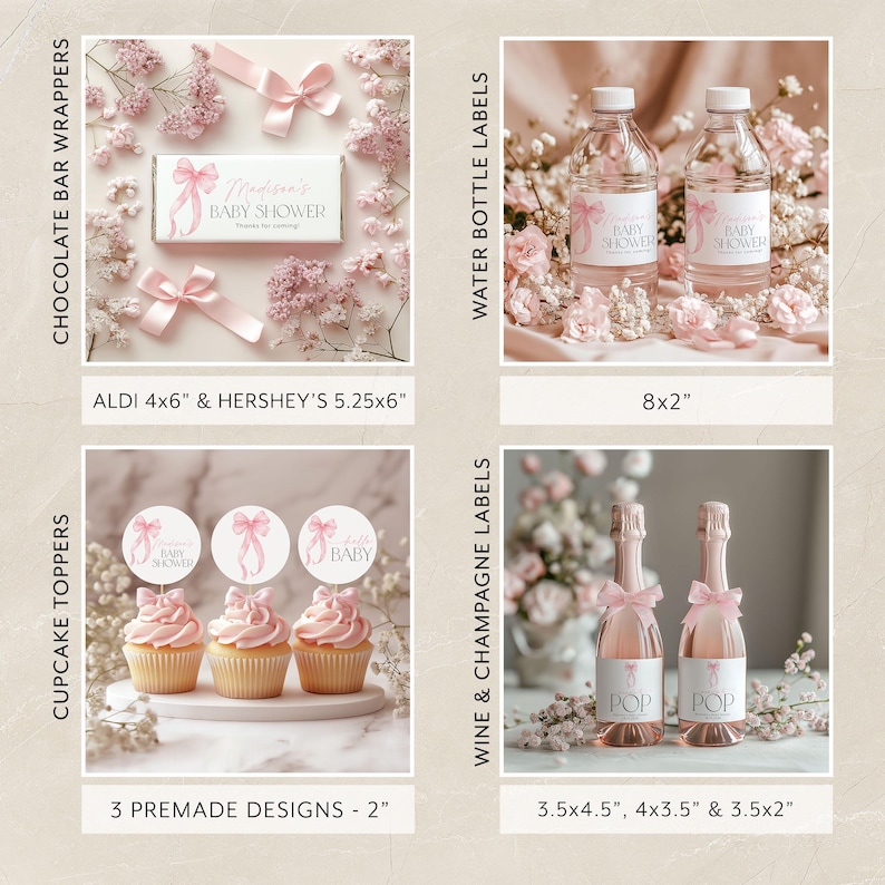 Pink Bow Baby Shower Invitation Bundle Printable, Pink Bow Invitation ...