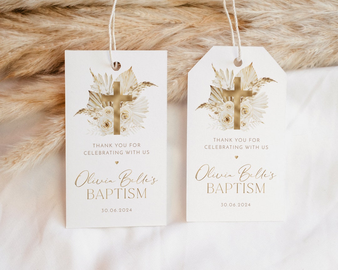Baptism Favour Tags, Editable Tags, Christening Favor Tags, Boho Gold ...